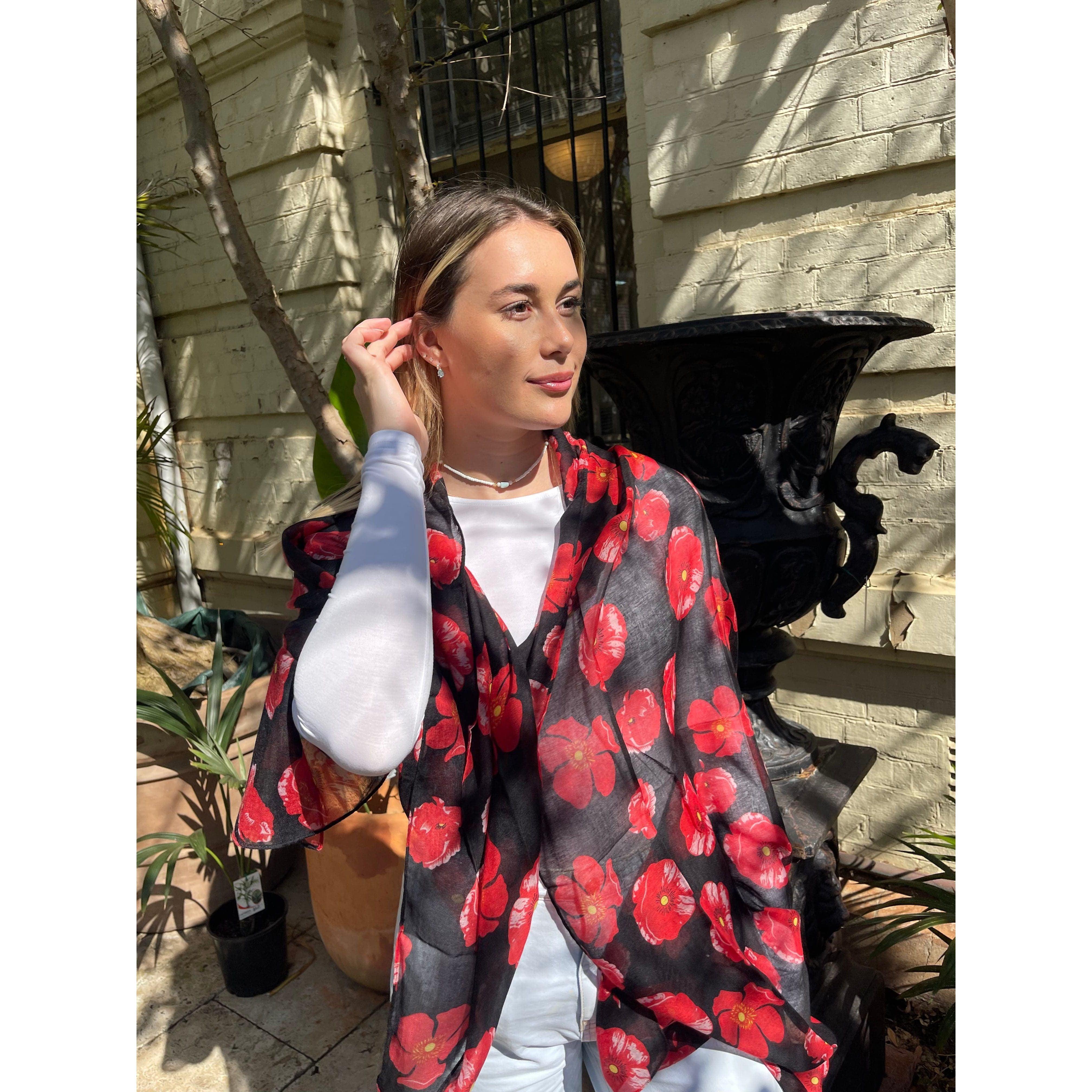 Floral Scarf - Red Poppy On Black Background – Scarves Australia
